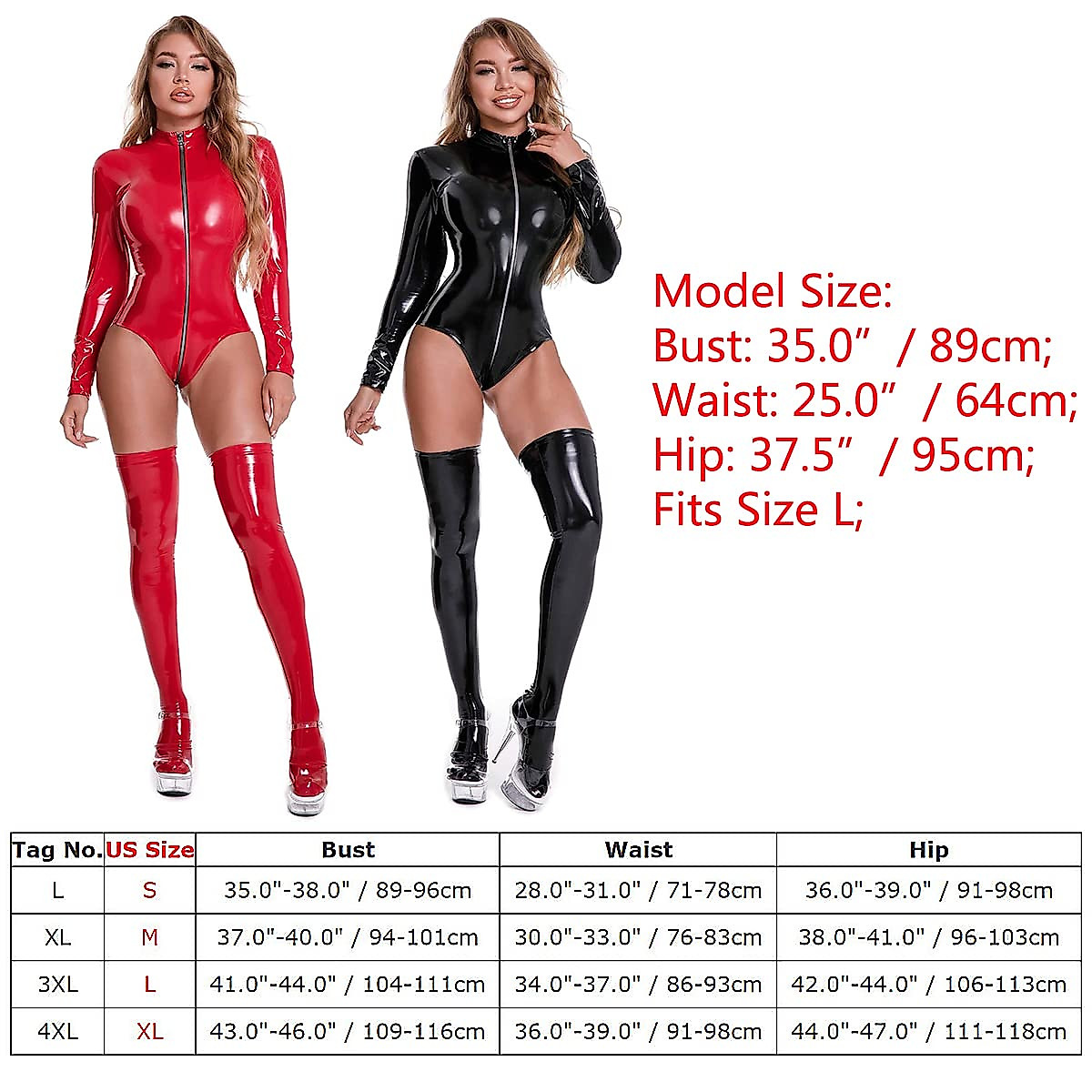 FYMNSI Women Latex Leather Glossy Wet-Look Tight Bodysuit Zipper Sexy Jumpsuit Bodycon Mini Dresses Faux Leather Teddy Leotard Party Clubwear with stockings Red- Long Sleeve Teddy with Stockings L