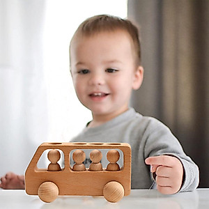 4 Wooden Figures in The Bus - Peg Dolls Unfinished Wooden Peg People Cars Wooden Figures Shape Preschool Learning Educational Toys Montessori Toys for Toddlers