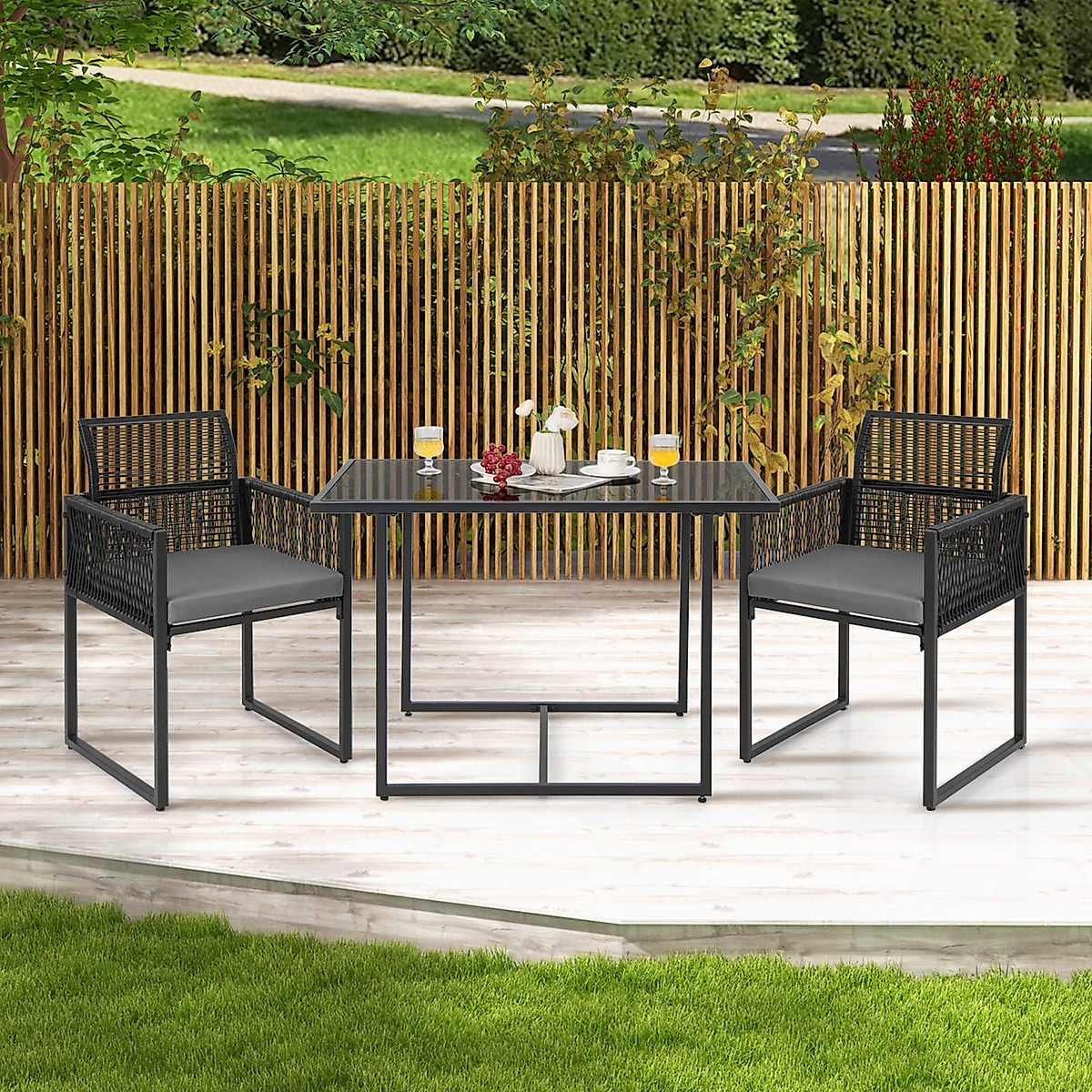 DORTALA Rattan Patio Furniture Set, 3-Piece Dining Set with Cushions, Tempered Glass Tabletop, Outdoor Wicker Small Chairs & Table Set for Backyard, Balcony, Poolside, Black