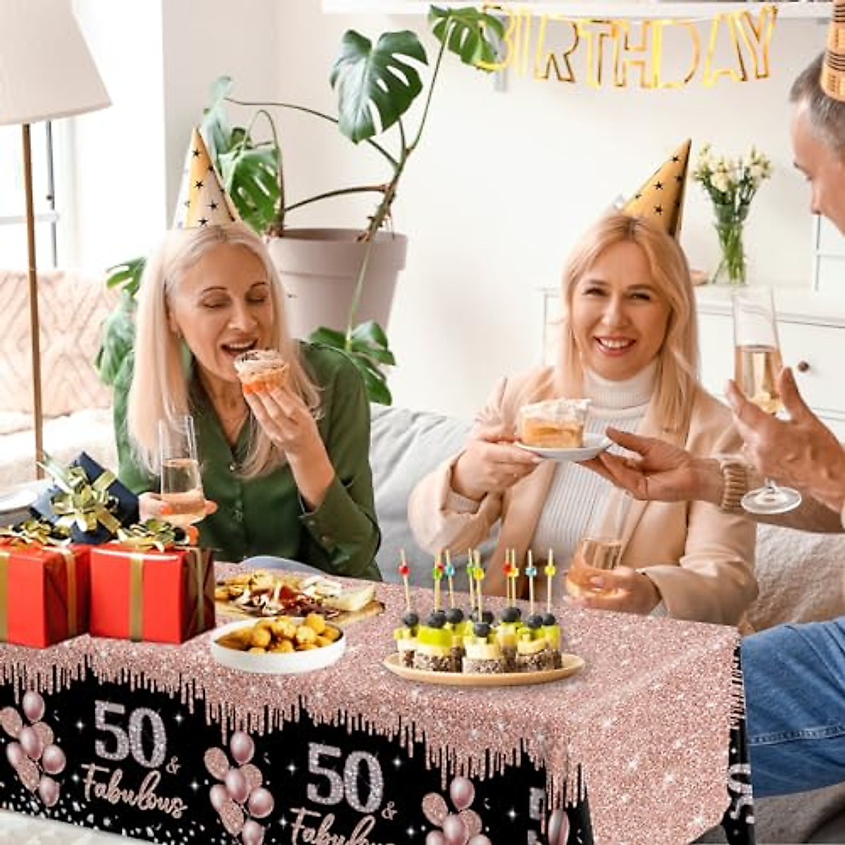 50th Birthday Tablecloth Decorations,3Pcs Rose Gold and Black Glitter Tablecloths for Women Set 50th Birthday Table Cover Rose Gold Table Cover for Women 50th Birthday Party Disposable Supplies