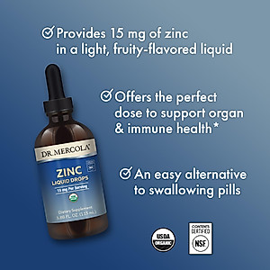 Dr. Mercola Organic Zinc Liquid Drops, 15 mg per Serving, 3.88 fl oz (115 ml), about 28 Servings, Dietary Supplement, Supports Immune and Organ Health, Non GMO, USDA Organic, NSF Certified