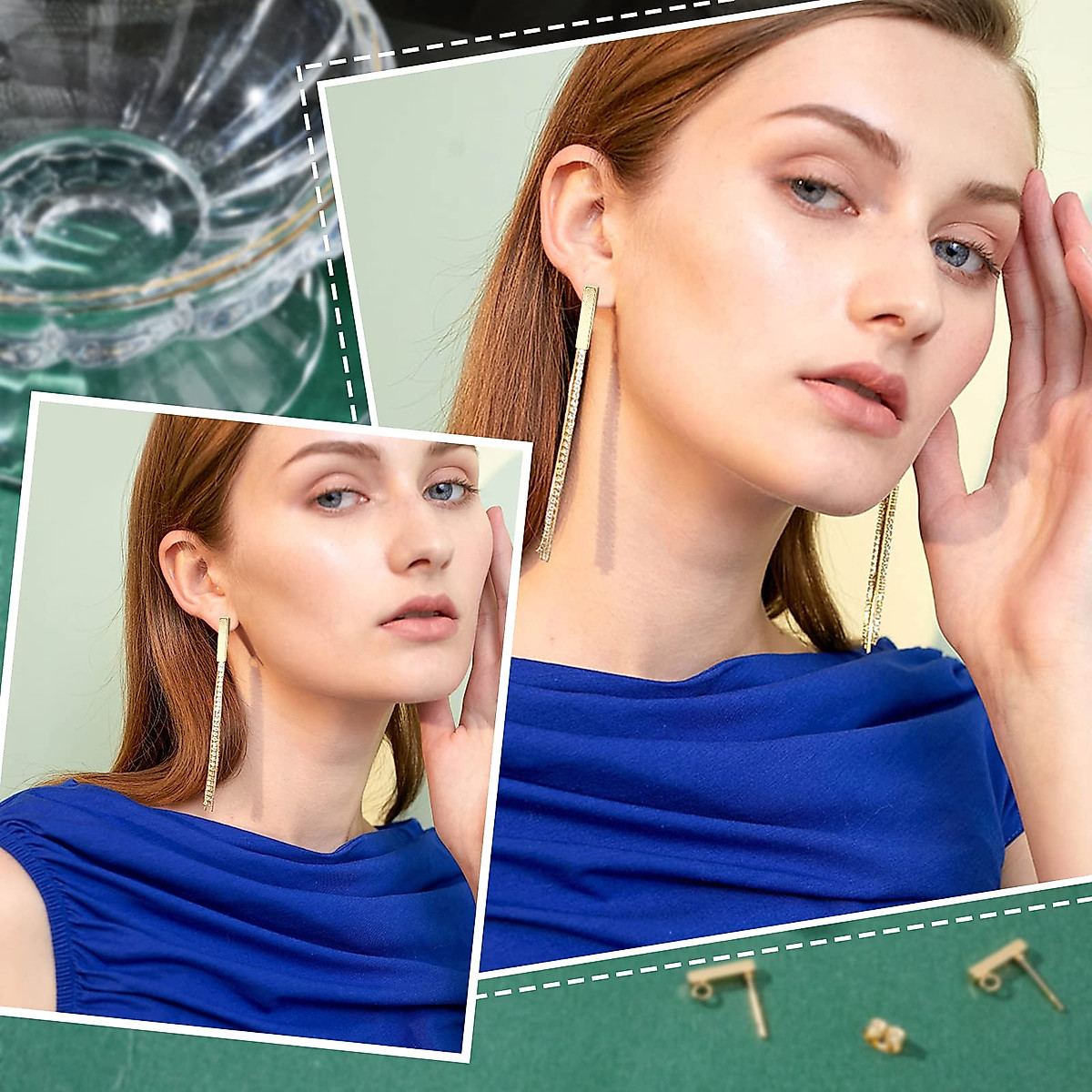 UNICRAFTALE 50pcs Rectangle Stud Earring Settings Stainless Steel Ear Stud with Loop and Ear Nuts 0.8mm Pin Earring Finding for DIY Jewelry Making