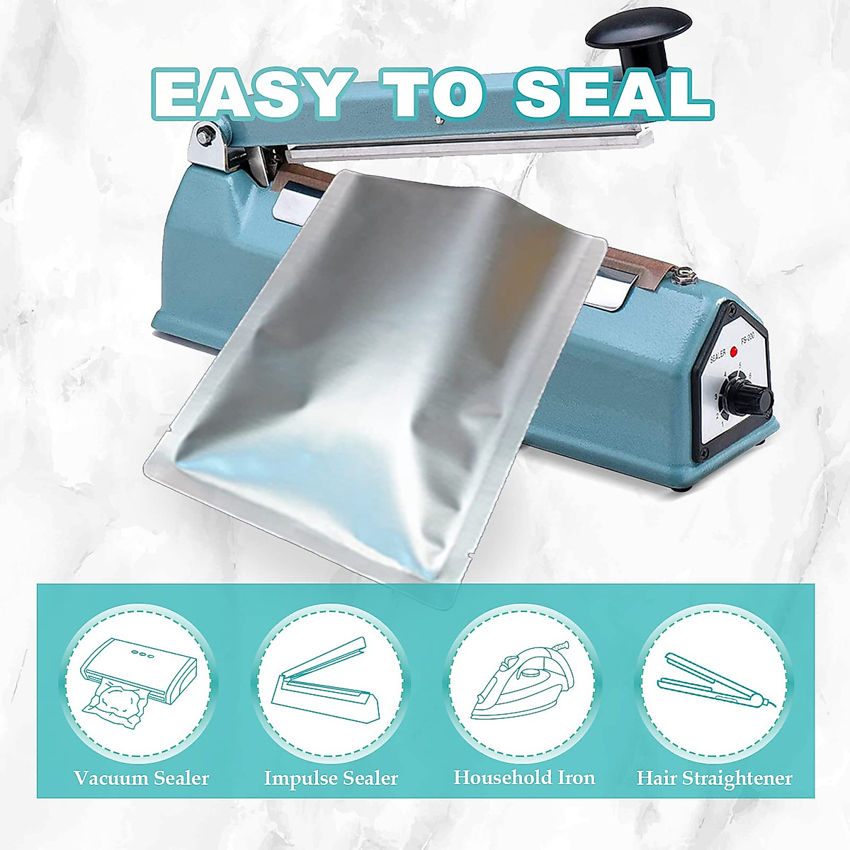 50pcs 1 Gallon Mylar Bags for Food Storage with Oxygen Absorbers 400CC (6 Packs of 10pcs) and Labels, 9.5 Mil 10"x14" Vacuum Sealer Bags Heat Sealable Bags for Long Term Food Storage(Extra Thick）