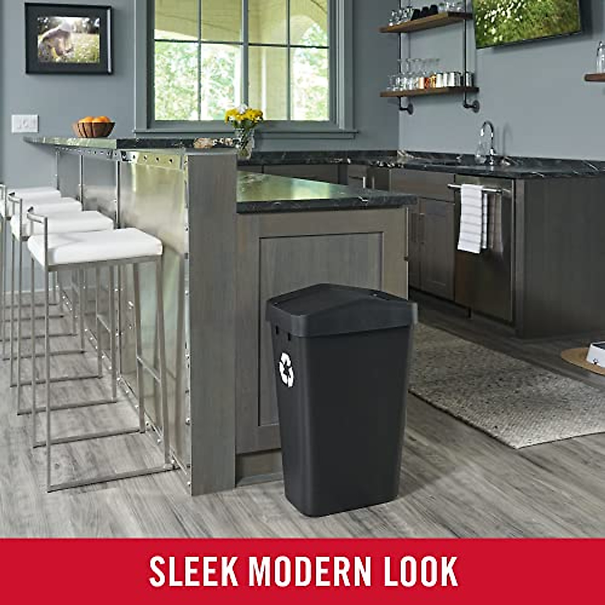 Rubbermaid Swing Top Recycling Container for Home and Kitchen, Easy Access Disposal and Slim Modern Recycle Bin with Lid, 12.2 Gallon Capacity, Black