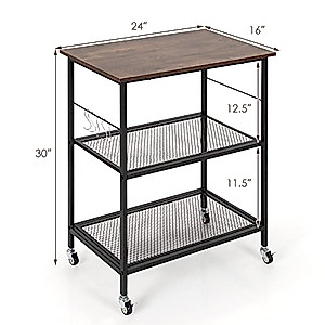 Giantex Microwave Cart 3-Tier W/Storage Shelf and Rolling Casters, Industrial Style Metal Frame for Kitchen, Living Room Accent Furniture for Living Room Rolling Serving Cart (Net-Brown)