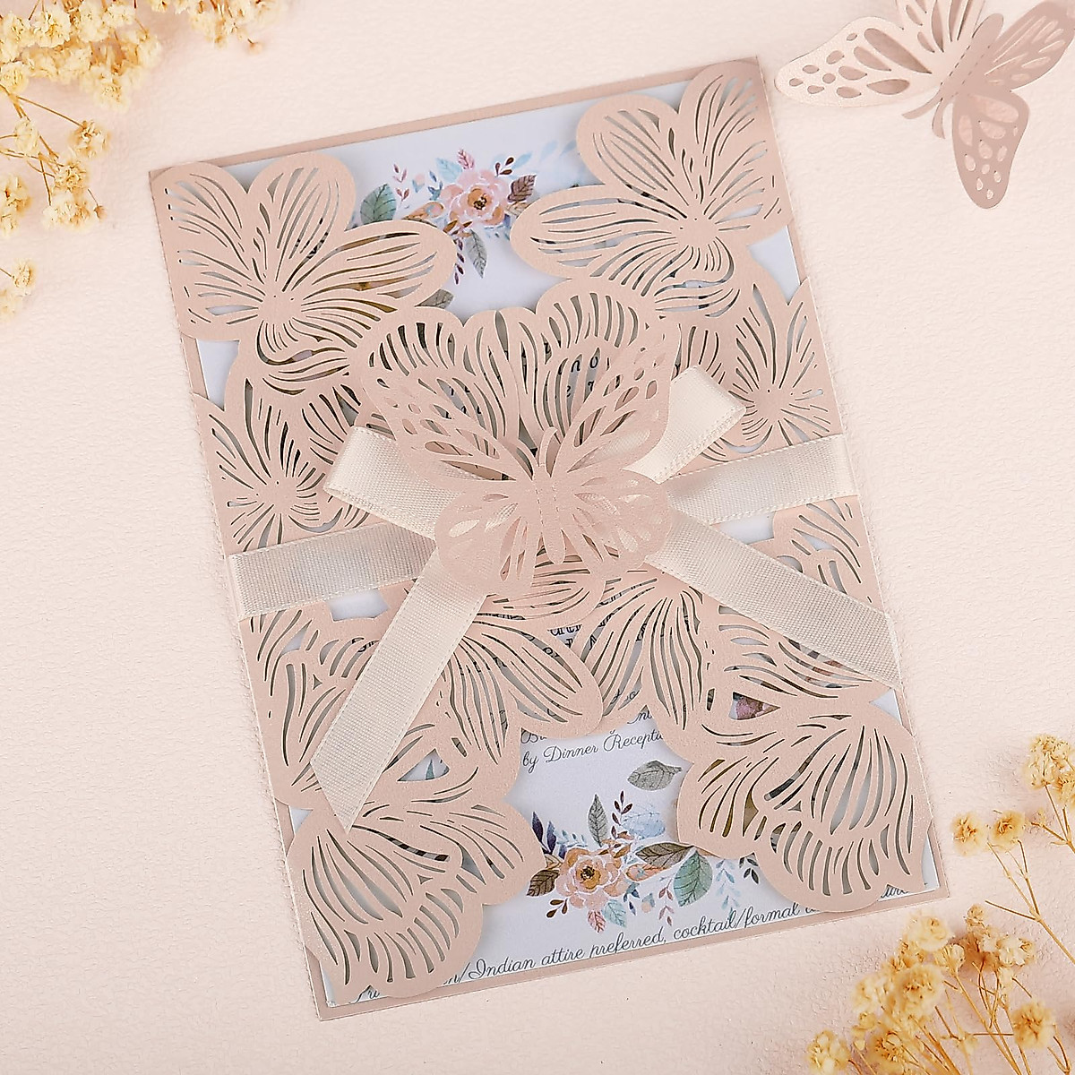 50pcs Pink Wedding Invitations Personalized with Envelopes and RSVP Cards Blank Laser Cut Hollow Flower Invitation Kits Butterfly Invitations for Engagement Wedding Birthday Party Bridal Shower