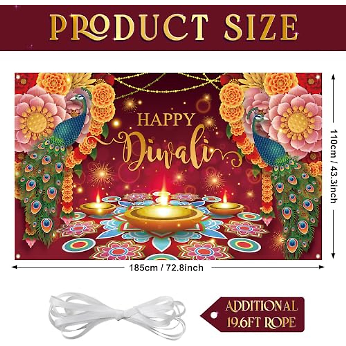 Happy Diwali Backdrop Banner, Indian Diwali Decorations for Home, Diwali Party Supplies Photography Background, Diwali Peacock Banner Wall Hanging for Diwali Party Decorations