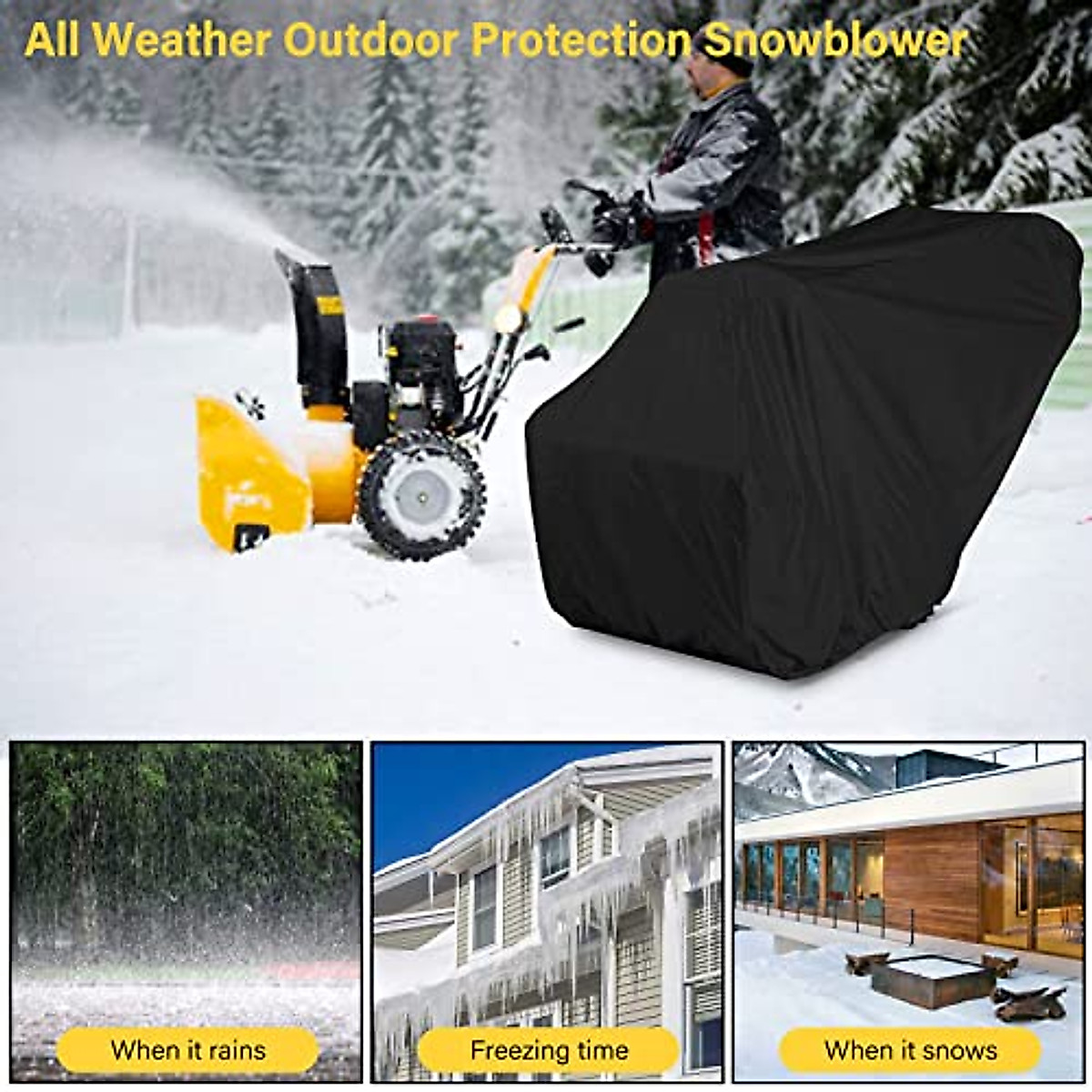 AKEfit Snow Blower Cover, 420D Waterproof UV Protection Heavy Duty Snow Blower Cover, Durable Patio Cover for Electric Snowblowers, Design with Double Seam and Drawstring - 50x35x43In Black