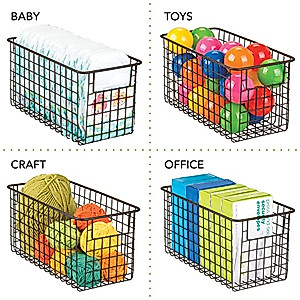 mDesign Metal Wire Food Storage Basket Organizer with Handles for Organizing Kitchen Cabinets, Pantry Shelf, Bathroom, Laundry Room, Closets, Garage - Concerto Collection - 4 Pack - Bronze