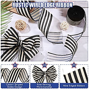 2 Rolls 20 Yard Black and White Stripes Wired Edge Ribbon Rustic Ivory Ribbon Boho Ribbon for DIY Crafts Home Decor Gift Wrapping Bow Wreath Making Christmas Wedding Party Decorations (2 Inch)
