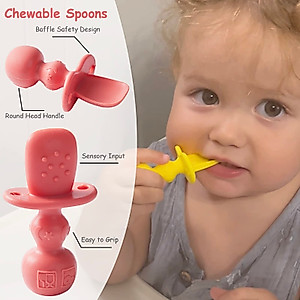 HEYTUYA 4 Pack Silicone Baby Spoons Self Feeding 6+ Months, Infant Toddler Utensils for Baby Led Weaning, First Stage Self Feeding Supplies Chewable Utensils, Grey, Blue, Light Red, Orange