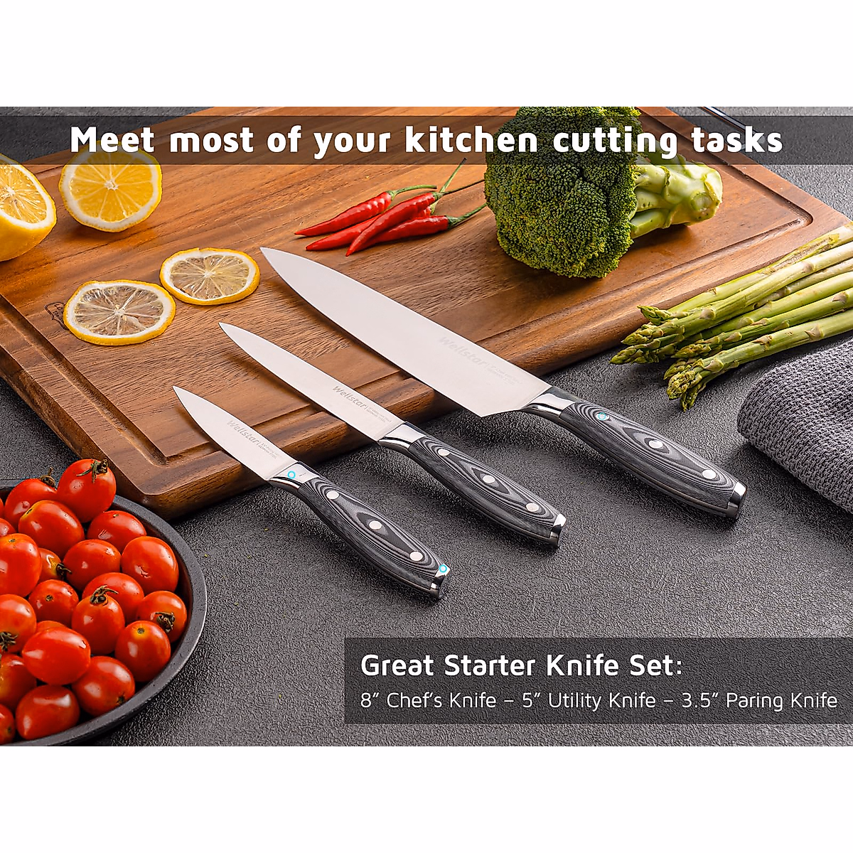 WELLSTAR Pro-Grade 3-Piece Chef Knife Set - Razor-Sharp High-Carbon Steel for Culinary Mastery at Home or Pro Kitchens