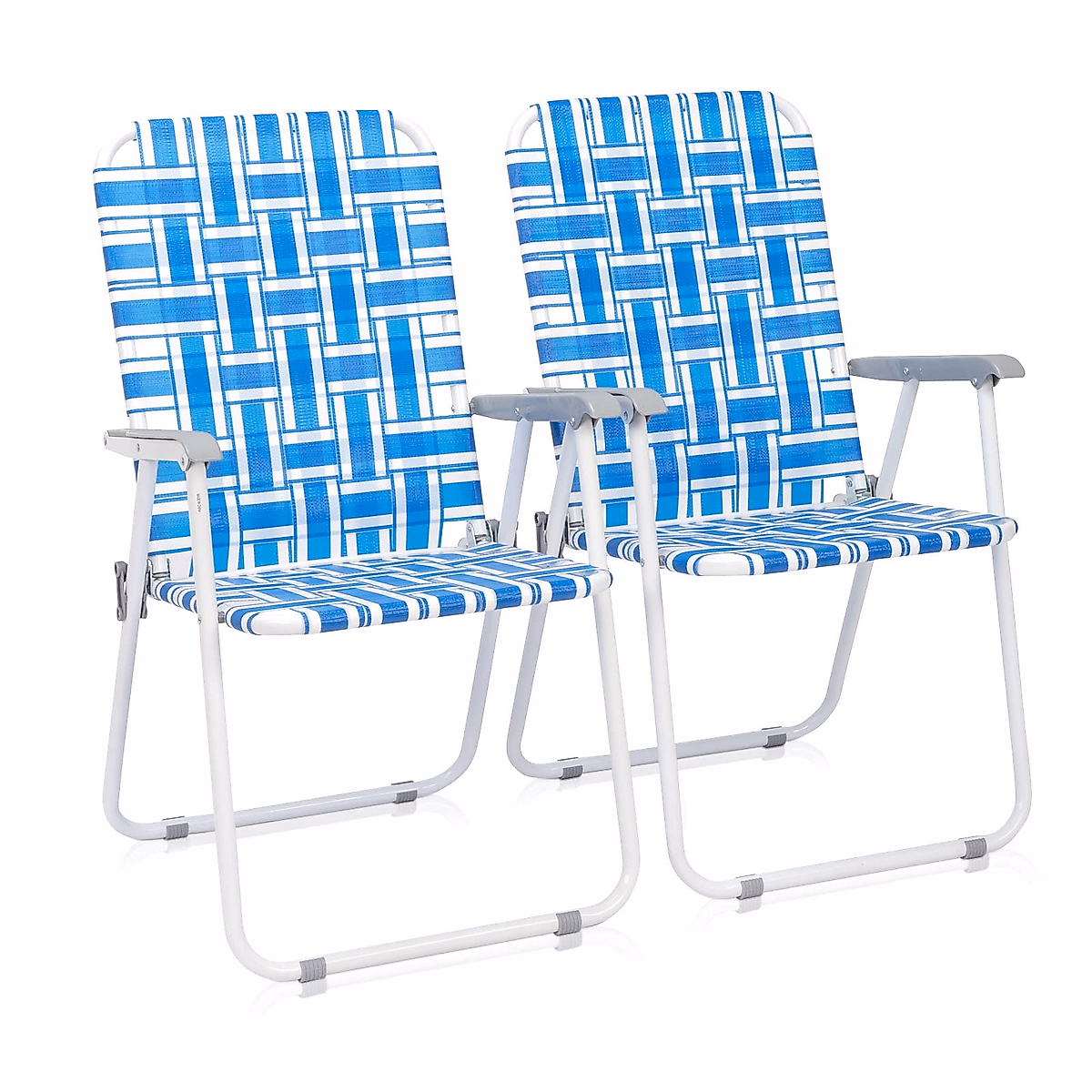 EEBUIHUI Set of 2 Folding Patio Lawn Chairs, Webbed Folding Chair Outdoor Beach Chair High Back Seat Portable Camping Chair for Yard, Garden (Blue White)