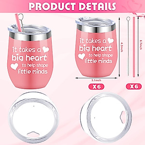 6 Pcs Christmas Teacher Appreciation Gifts Thank You Teacher Gifts for Women Stainless Steel Teacher Tumbler with Straw and Lid 12 oz Insulated Teacher Mug Birthday Gifts for Teacher(Pink)
