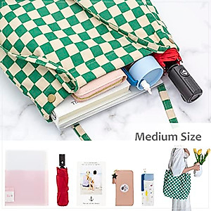 PAZIMIIK Corduroy Tote Bags for Women Reusable Grocery Shopping Shoulder Go-to Everyday Bag with Canvas Lining for Work Travel,Checkered Green