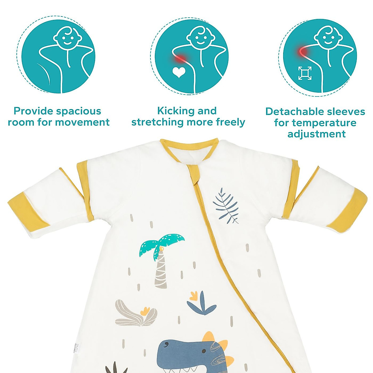 ZIGJOY Baby Winter Wearable Blankets with Detachable Sleeves Baby Sleeping Bag with Two Way Zipper 2.5 TOG 100% Cotton Warm Soft and Breathable Dinosaur