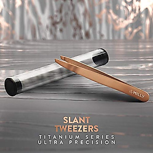 By MILLY German Steel Professional Slanted Tweezers - Hammer Forged 100% Stainless Steel - Hand-Filed and Aligned Slant Tips for Precision - Rose Gold
