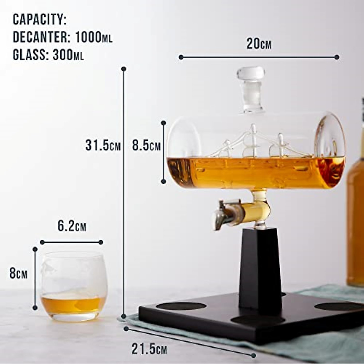 Oak & Steel 35oz/ 1000ml Ship In a Bottle Whiskey Decanter Sets for Men - Wine Decanter Set with Glasses of 4, Whiskey Dispenser & Stand for Whiskey, Bourbon, Vodka, Tequila - Gifts for Men & Husband