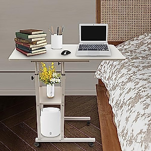 biniliubi C-Shaped Side Table Adjustable, Height Adjustable C Table with Wheels and Storage Shelves for Couch Bed Recliner