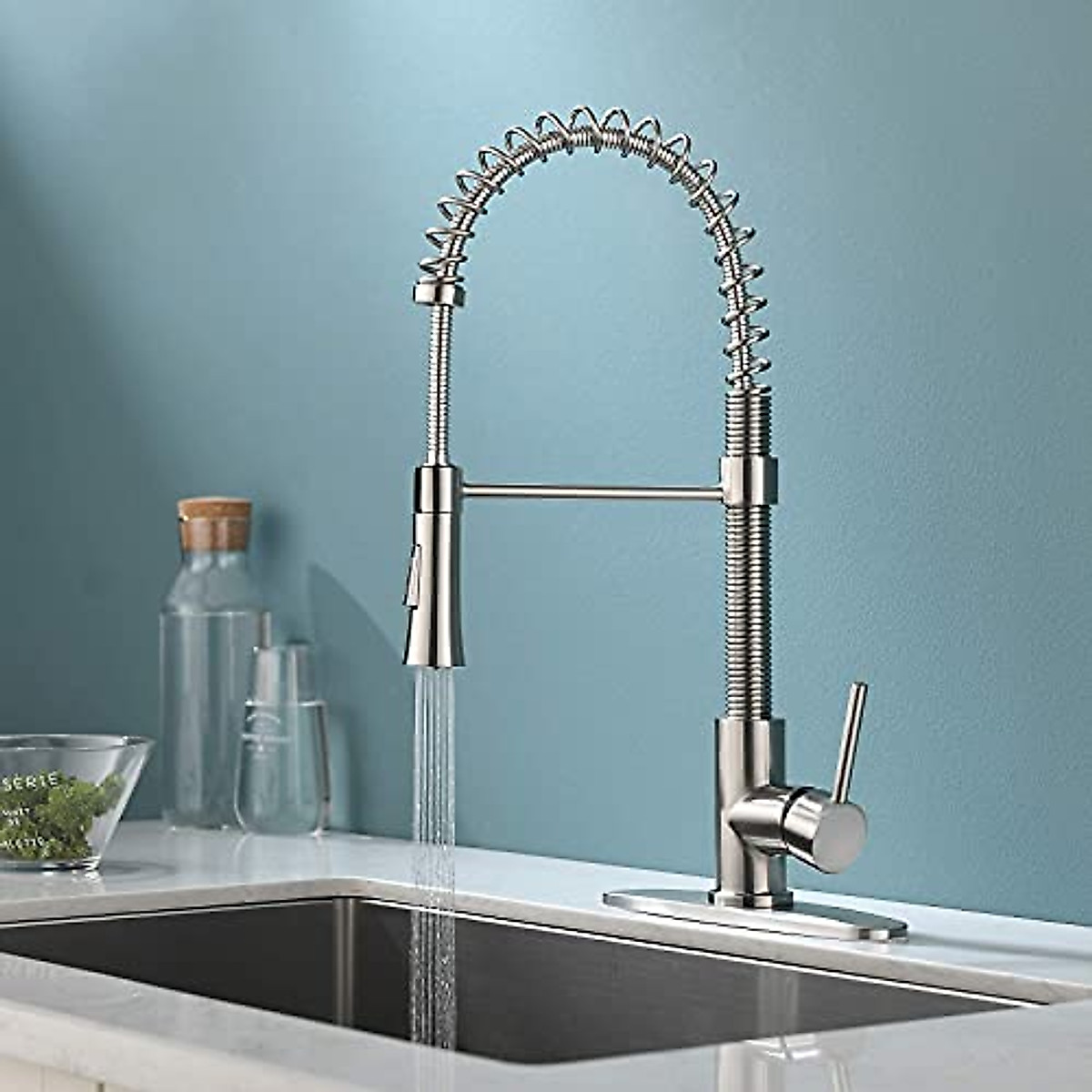 KINGO HOME Kitchen Faucet with Pull Down Sprayer, Commercial Utility Stainless Steel High Arc Single Handle Kitchen Sink Faucet with Sprayer Modern Farmhouse Spring Kitchen Faucets