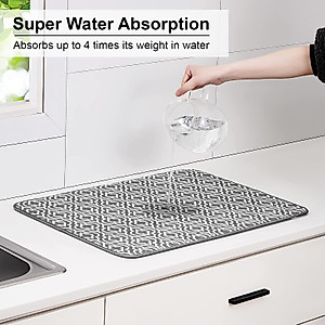 SUBEKYU 24" x 18" Dish Drying Mat, Dish Mat Drying Kitchen Mat Large, Absorbent Microfiber Dish Drainer/Rack Pads, XL, Grey, 1PACK