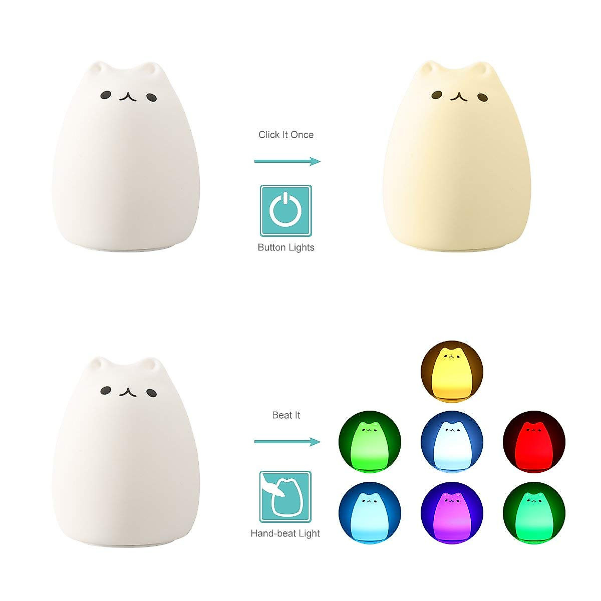 Dastling UMIRNI Cute Cat Night Light, Rechargeable Silicone LED Baby Nursery Nightlight, Color Changing Animal Lamp, Tap Sensor Control
