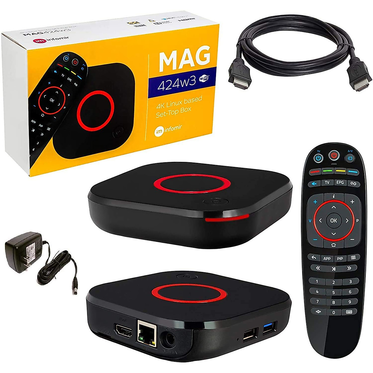 Infomir Mag 424 W3 (Mag 424W3) 4K 2160P Hevc 600Mbps Built-in Dual Band WiFi, Bluetooth, HDMI Cable 1 GB RAM, 8 GB eMMC (Faster than Mag 324w2 322W1)