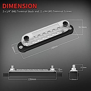 DaierTek 12V Power Distribution Block 2 x 1/4" (M6) Terminal Studs 12 x M4 (#8) Terminal Screws Battery Bus Bar Terminal Block Max 48V Positive & Negative Busbar for Automotive Car Boat