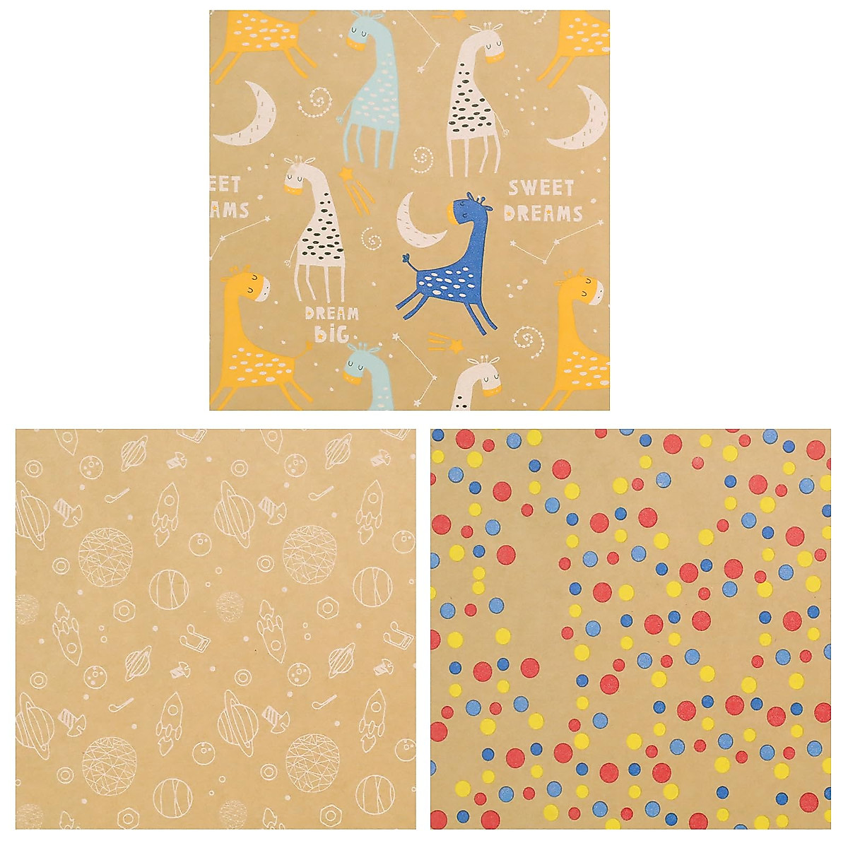 BIOBROWN Wrapping Paper Rolls with Tags and Jute String -Giraffe Designs for Birthday,Holiday, Baby Shower Packing -3 Rolls-17 inch X 10 feet Per Roll