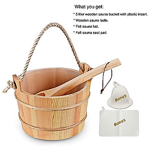 Bestnewie Sauna Bucket with Ladle Handmade Wooden Sauna Bucket Sauna Spa Accessory - 5 Liter (1.3 Gallon) Sauna Bucket with Felt Sauna Hat and Sauna Seat Pad
