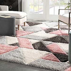 Well Woven Loecke Blush Triangle Boxes Geometric Thick Soft Plush 3D Textured Shag Area Rug 5x7 (5'3" x 7'3")