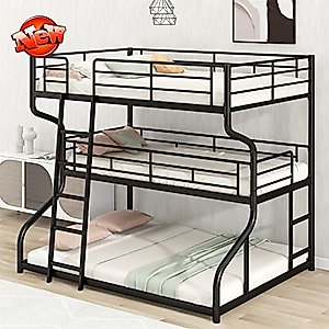 SNIFIT Upgraded Version & Stronger Metal Full XL Over Twin XL Over Queen Triple Bunk Bed, Thickened Reinforced Triple Steel Bunk Bed Frame with Safer Ladder & Guardrail (Faster Assembly) (Black)