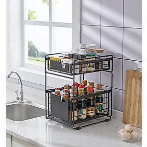 CBYJK Stackable 2-Tie Under Sink Cabinets Organizer With Sliding Storage Drawer, Under Sink, Pull Out Cabinets Organizer Shelf, Sliding Basket Organizer Drawer For Kitchen, Bathroom, Office, Black