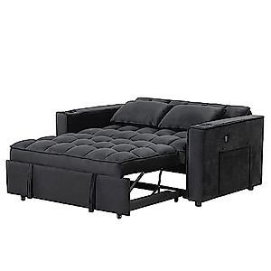 YUNLife Pull Out Sofa Bed Sofabed, Black 55.3" w +Cup Holder and USB Port