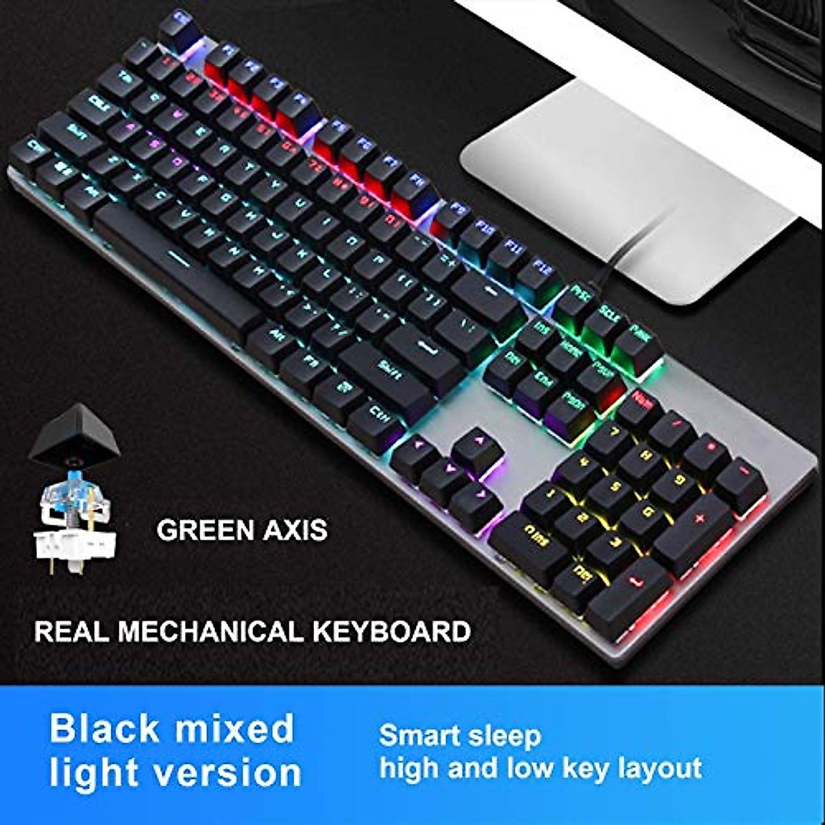 NBSXR -Manipulator keyboard with full keys without punching, metal panel, high-low key layout, 104-key dustproof USB interface, rainbow gaming keyboard,Green