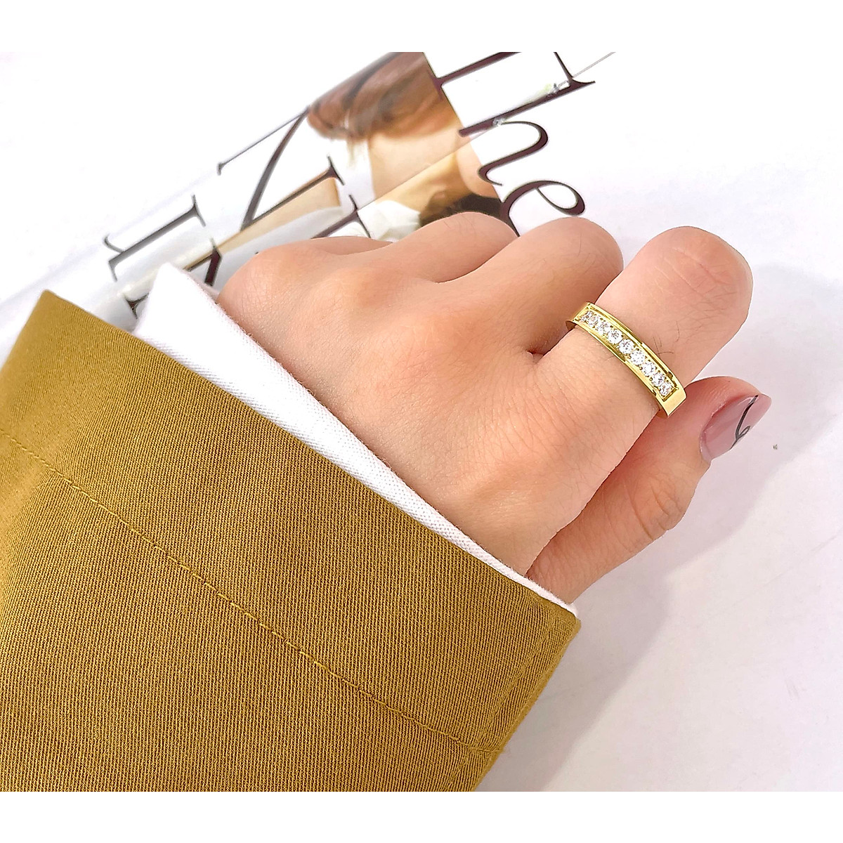 MYNENEY 14K Gold/Silver Plated Wedding Band Cubic Zirconia Eternity Stackable Engagement Ring For Women (4MM- 9 Diamonds-Gold, 8)