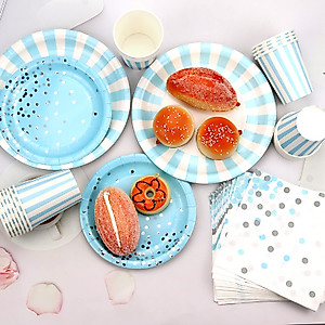 KEFAN Light Blue Striped Party Supplies, Blue and Silver Birthday Party, Sky Blue Paper Plates and Napkins Set for Boys Baby Shower Birthday Graduation Summer Blue Party, Services 40 (Light blue)