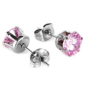 JewelrieShop Earrings for Women Studs Set Stainless Steel CZ Earing Hypoallergenic Multiple Piercing Ear Stud (5 pairs, 3-7mm Pink CZ, Silver Post,4 Prong)