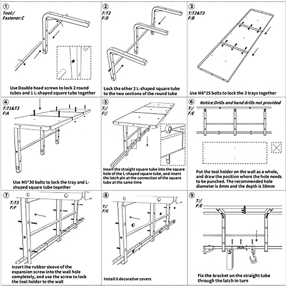uyoyous Garage Organizers and Storage 47.2Inch Large Wall Mount Garage Rack Heavy Duty Garage Storage System with 9 Removable Hooks Load 290 lbs Tool Hanger Rack