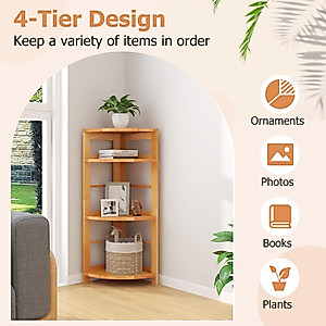 Giantex 4-Tier Corner Shelf, 34" Bookshelf with Rubber Wood Frame, Anti-Toppling Kit, Freestanding Storage Shelf, Corner Display Rack Plant Stand for Living Room, Study, Bedroom, Home, Natural