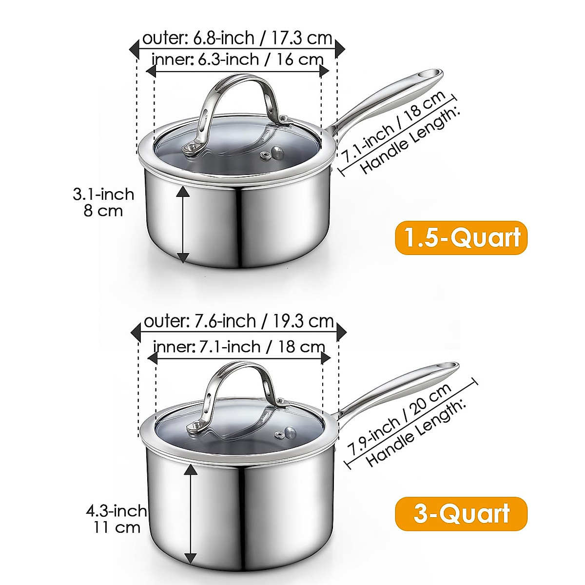 Cooks Standard Stainless Steel Saucepan Set 1.5 and 3 Quart, Multi-Ply Clad Sauce Pot With Glass Lid, Silver