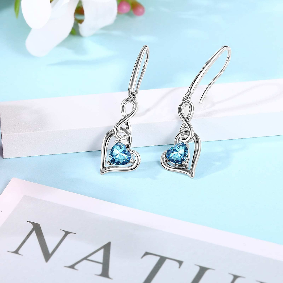 Aquamarine Birthstone Drop Earrings for Women - Shysnow March Infinity Dangle Earrings 925 Sterling Silver Heart Light Blue Cubic Zirconia Drop Piercing Crystal Dangling Earrings