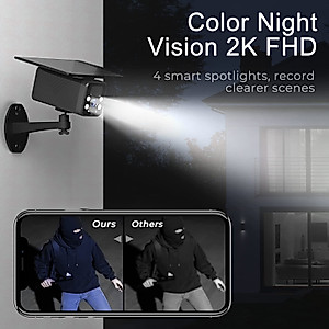 Wireless Solar Security Camera, 2K Outdoor WiFi Surveillance Camera with Spotlight, IP67, Motion Detection Alarm, Color Night Vision, 2-Way Audio, Cloud/SD Card Storage