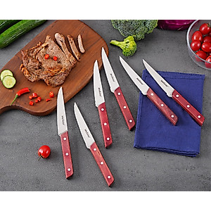 WELLSTAR Serrated Steak Knife Set of 6, Ultra Sharp Japanese Stainless Steel 4.5 inch Blade and Full Tang Pakkawood Handle Dinner Table Knives Pack for Home Kitchen Restaurant – Triple Riveted