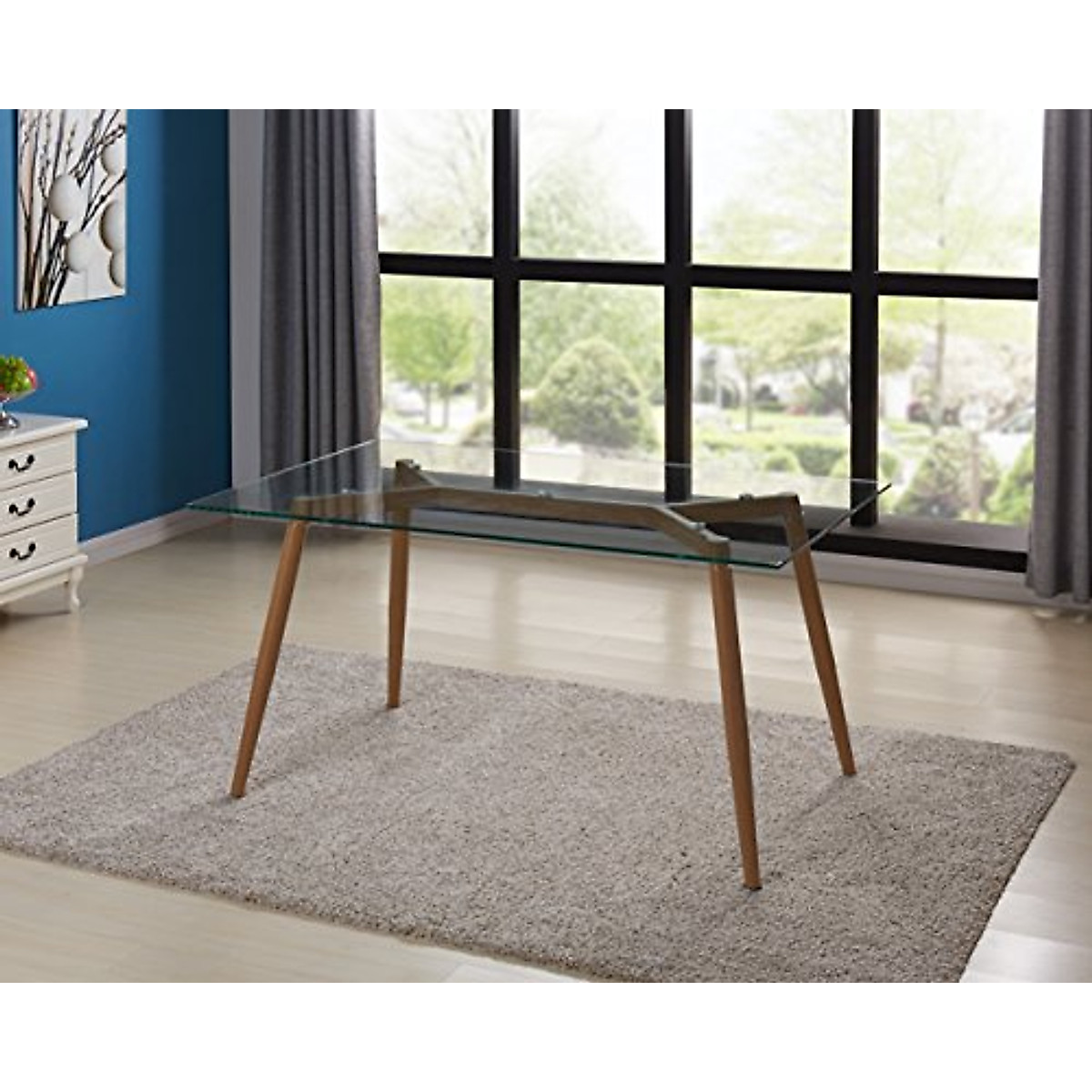 IDS Online Mid Century Dining Table, Office Desk, Glass : 8mm, Wooden Skin