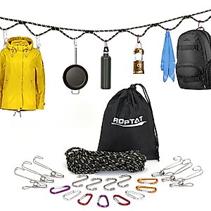 Roptat Campsite Storage Strap with 12 PCS Buckles&6 Clothes Pins Clothesline Hanging Gear for Tent Campers Car Camping Garden Supplies Family RV Trailer Hanging Gear (with Buckles)