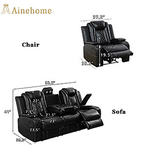 A Ainehome Living Room Furniture Power Recliner Set, Leather Sectional Sofa Set for Living Room, Home Theater, with LED Lights, Hide-Away Storage, Wireless Charging(B-Black,Sofa+Chair)