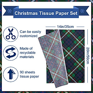 Whaline Christmas Tissue Paper Buffalo Plaid Wrapping Paper Blue Red Green White Black Gift Wrapping Tissue Paper Rustic Art Paper Crafts for Home DIY Gift Bags New Year Decor, 90 Sheets