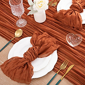 MLMC 3 Pack Fall Table Runner Terracotta Cheesecloth Table Runner 10ft Wrinkled Rustic Burnt Orange Cheese Cloth Table Runner Bulk 35x120 Inches for Thanksgiving Bridal Baby Shower Decor