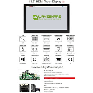 waveshare 13.3inch Capacitive Touch Screen LCD V2 with Case Compatible with Raspberry Pi 4B/3B+/3A+/2B/B+/A+/Zero/Zero W/WH/Zero 2W CM3+/4 1920×1080 Resolution HDMI IPS Supports Jetson Nano/Windows